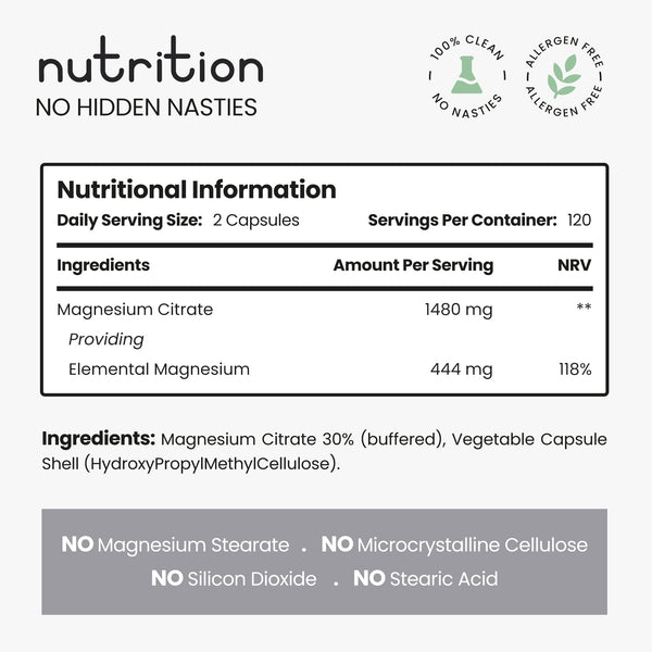 Magnesium Citrate | 1480mg | 180 Vegan Capsules | 444mg Elemental ...