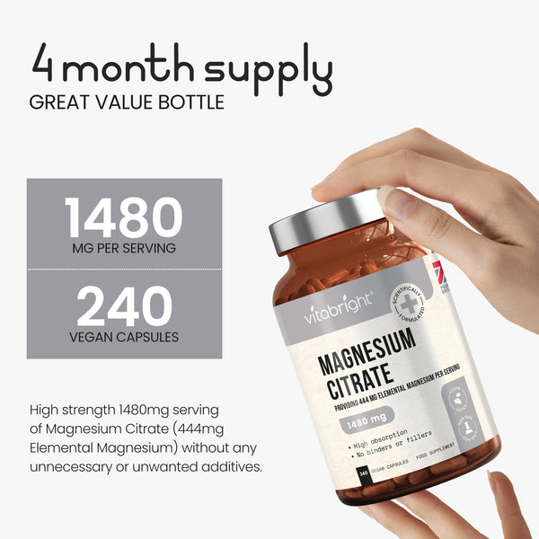 Magnesium Citrate | 1480mg | 180 Vegan Capsules | 444mg Elemental ...