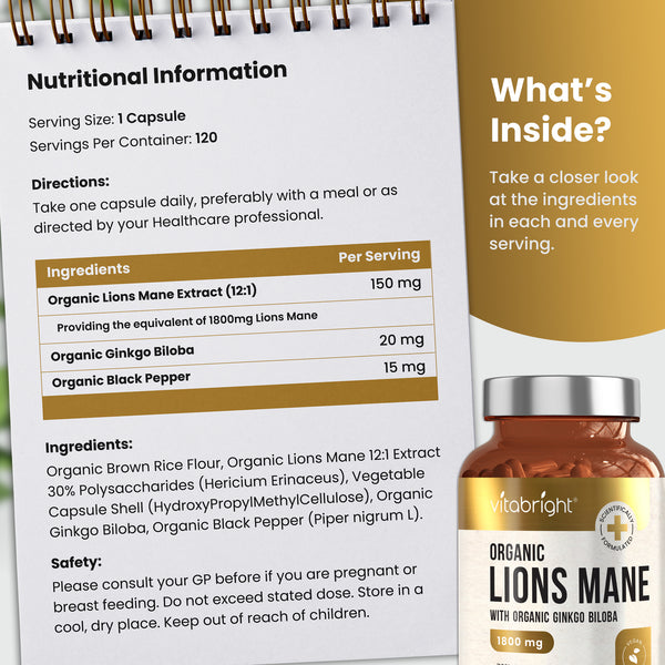 Organic Lion's Mane Capsules With Ginkgo Biloba and Black Pepper ...